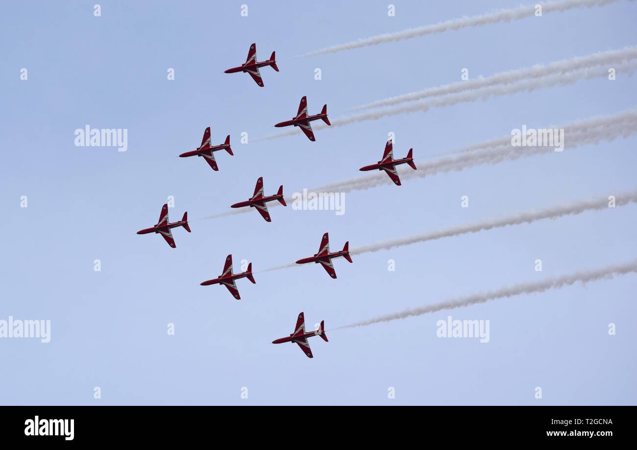 Red Arrows aerobatic display 170817 Stock Photo - Alamy