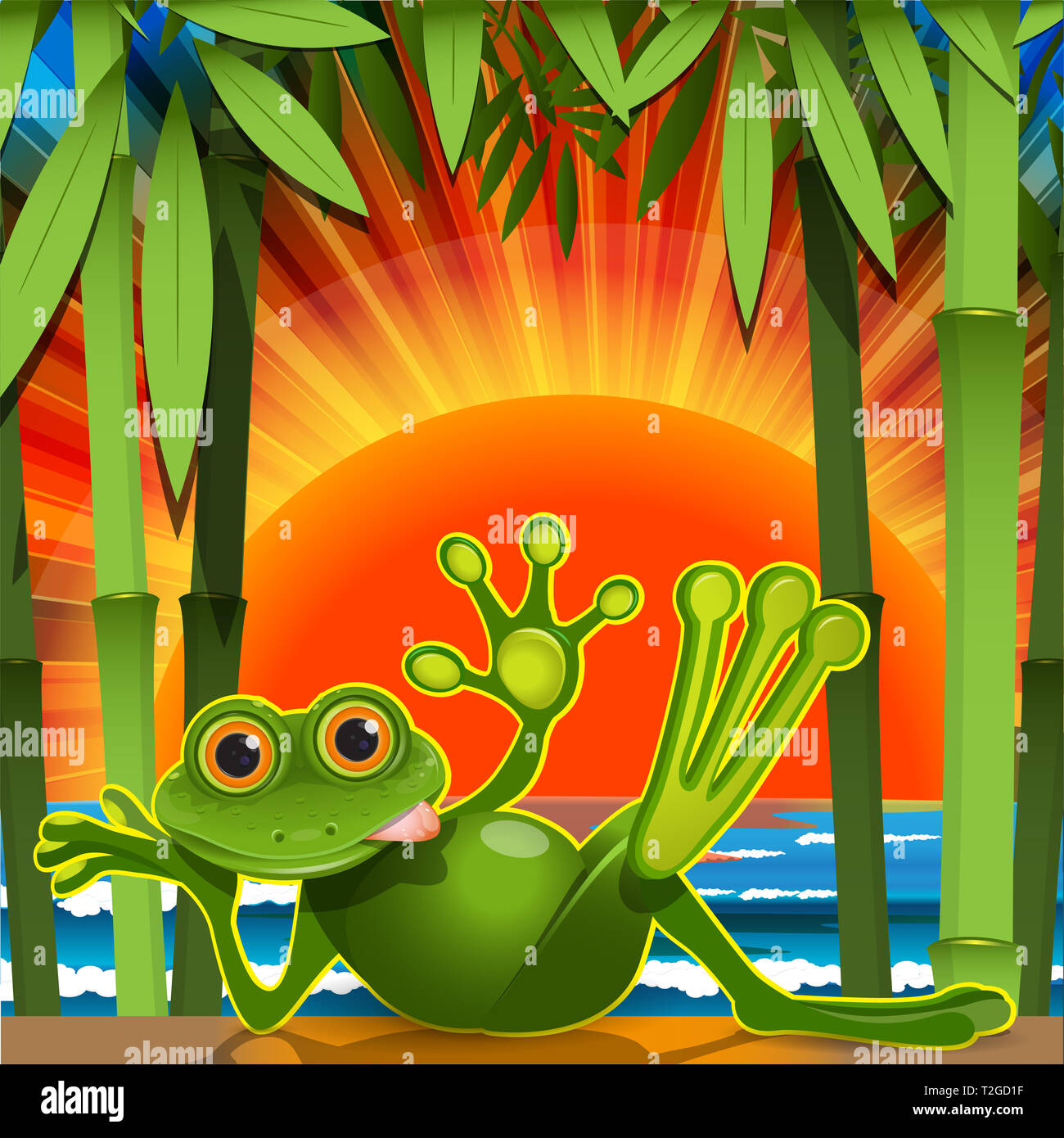 Illustration of Green Frog on Beach on Sunset Background Stock Photo ...
