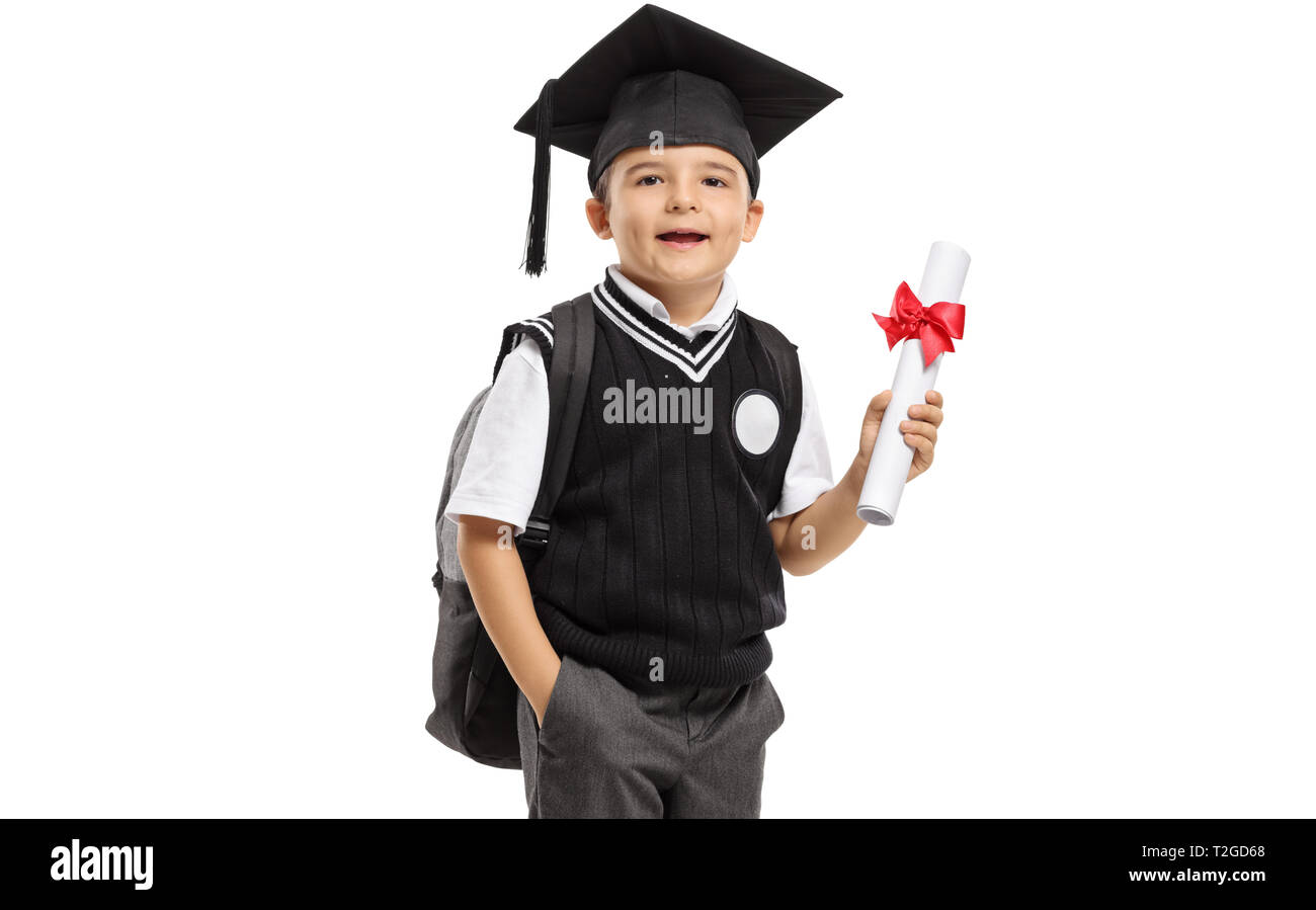 Schoolboy in a uniform with a graduation hat and a diploma isolated on ...