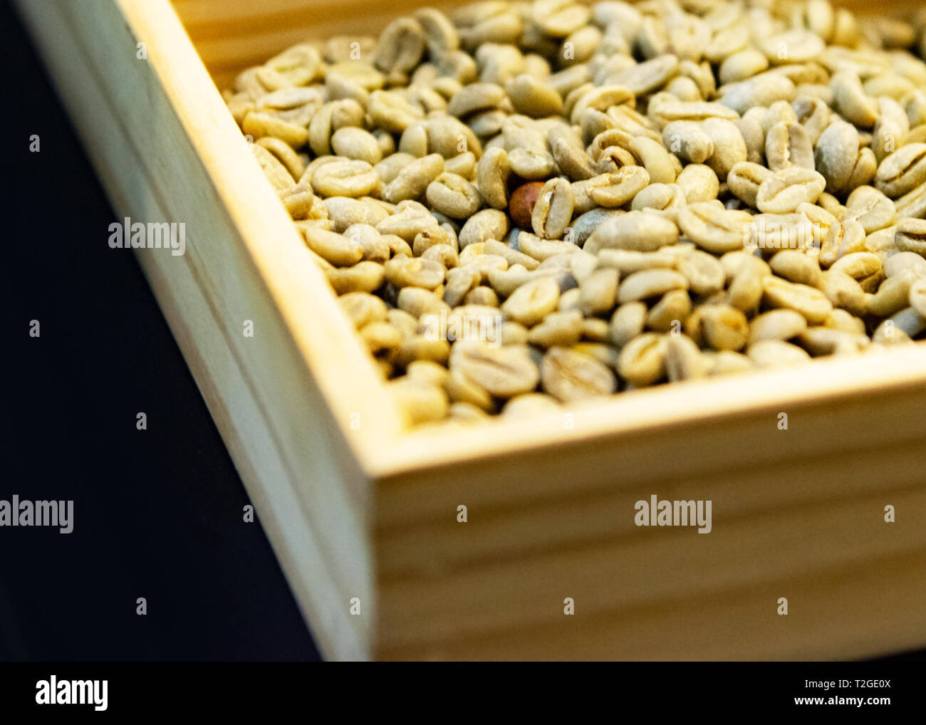 Raw coffee seeds, Coffee beans in a wood box close-up Stock Photo - Alamy