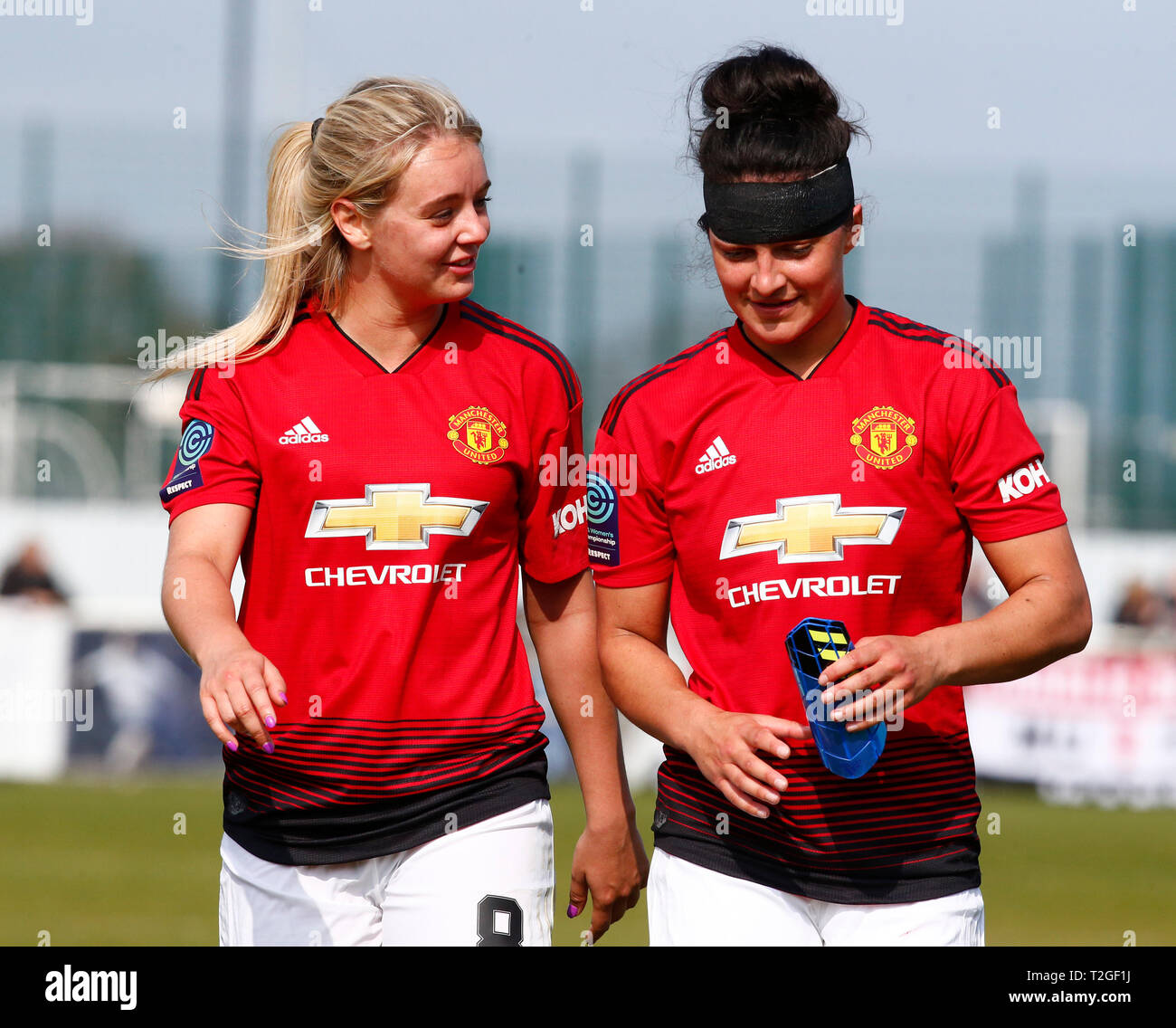 Cheshunt, UK. 31 March,2019 L-R Mollie Green of Manchester United Women ...
