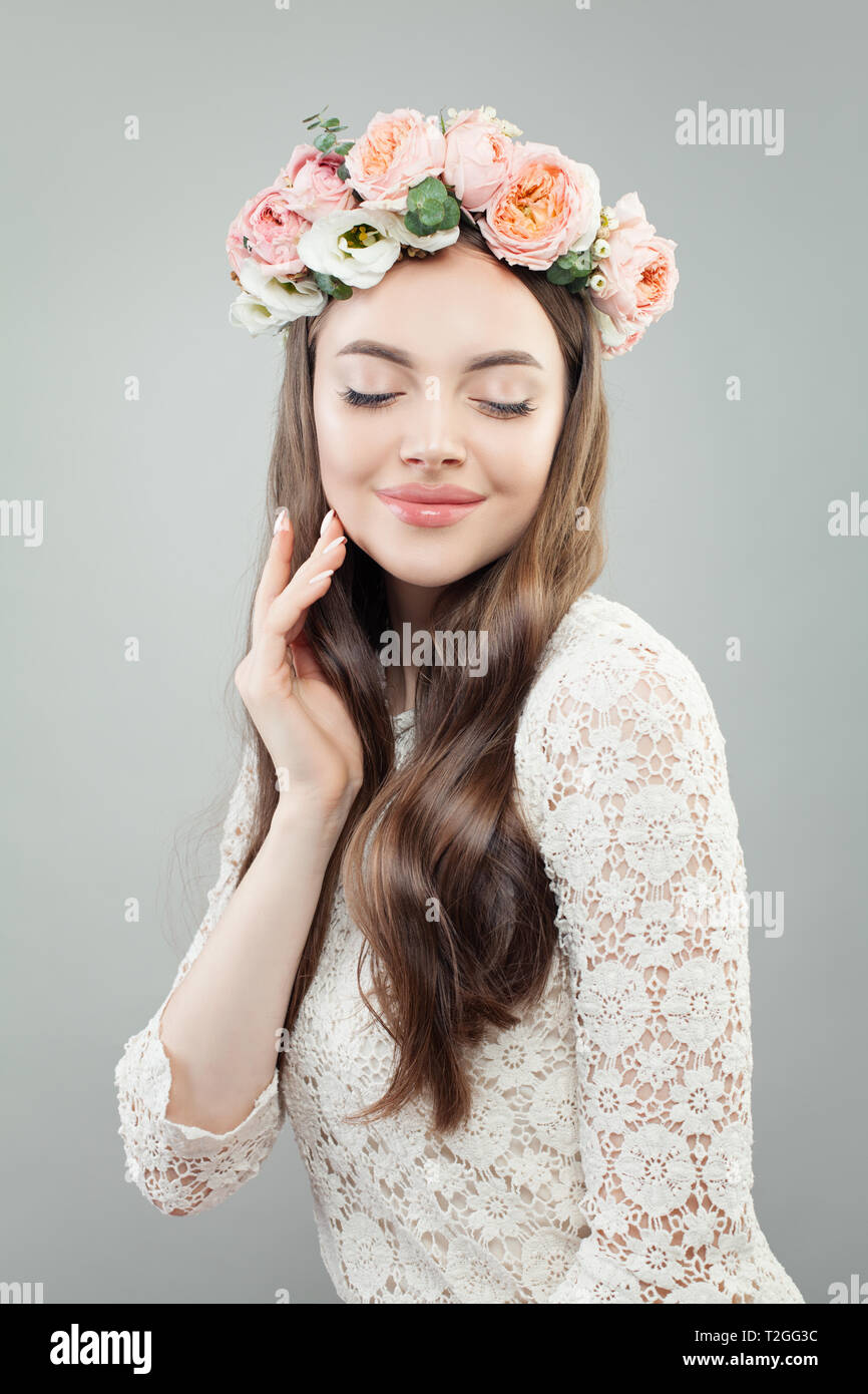 Pretty Woman with Roses Flowers, Portrait Stock Photo - Alamy