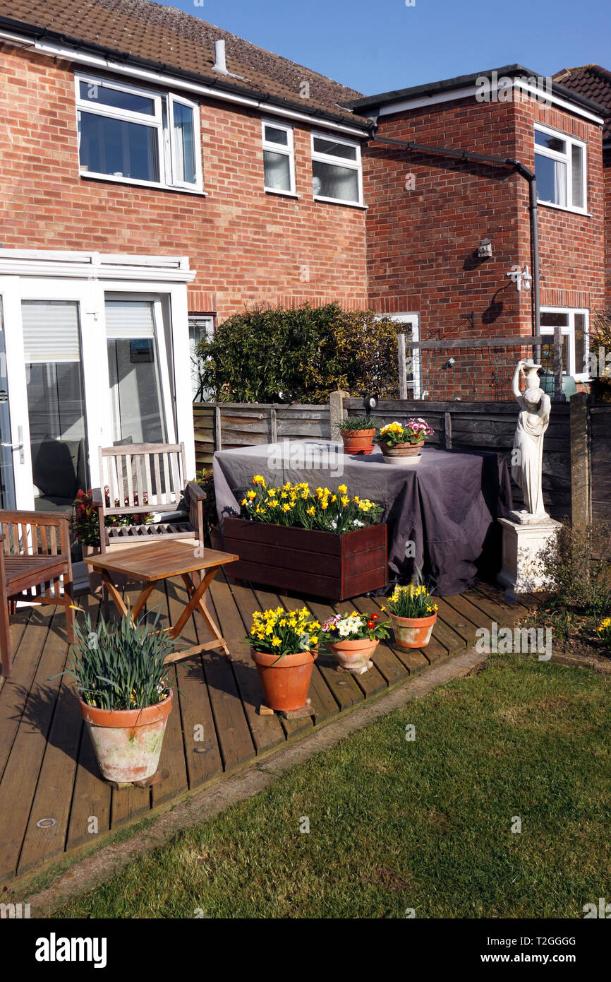 WOODEN GARDEN DECK PATIO IN SPRING Stock Photo - Alamy