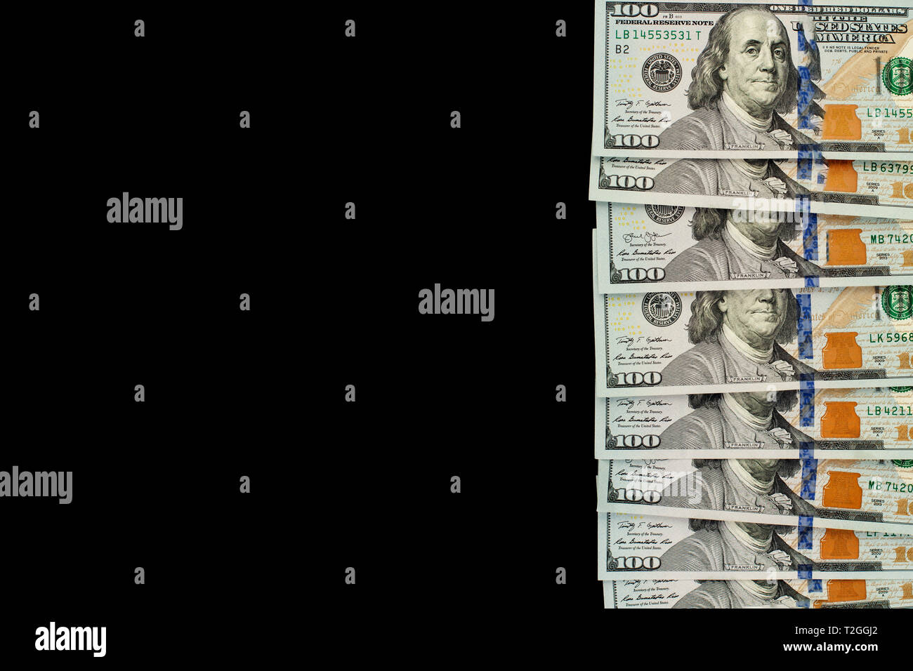 Hundred us dollar bills money cash border on black board background ...