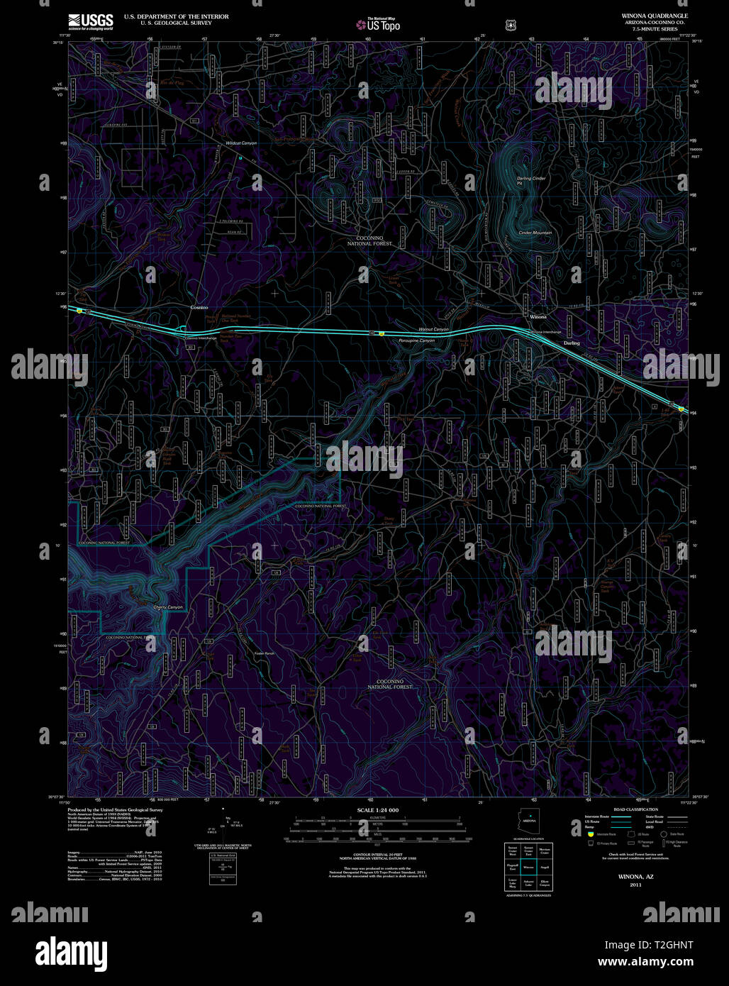 USGS TOPO Map Arizona AZ Winona 20111117 TM Inverted Restoration Stock ...