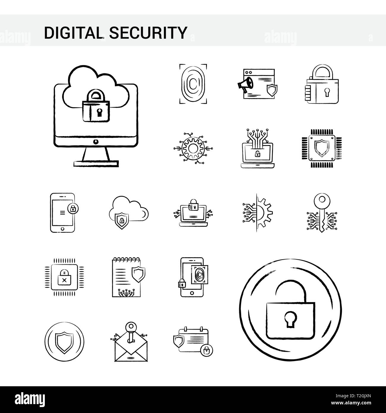 Digital Security hand drawn Icon set style, isolated on white ...