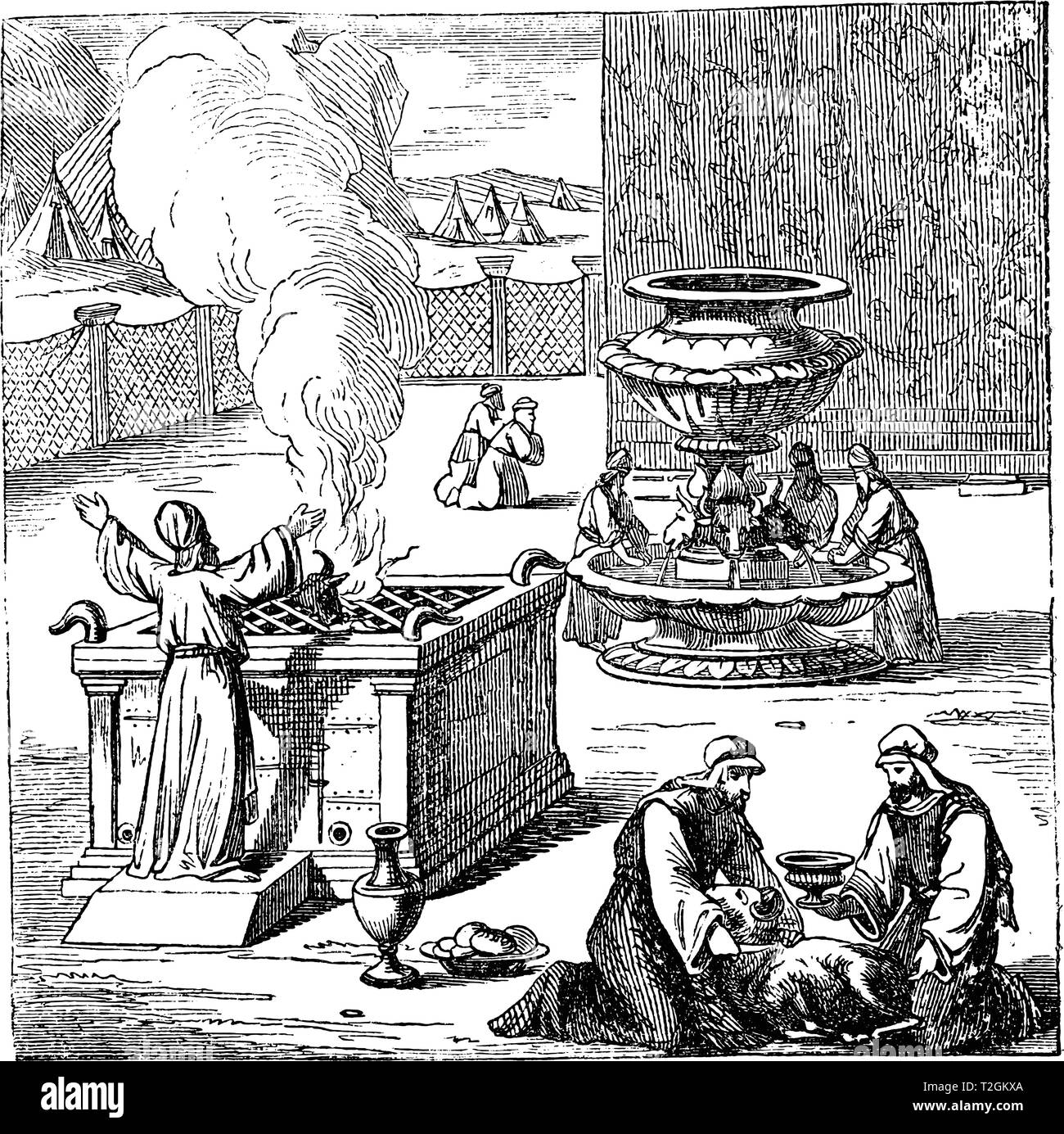 Vintage antique illustration and line drawing or engraving of biblical ...