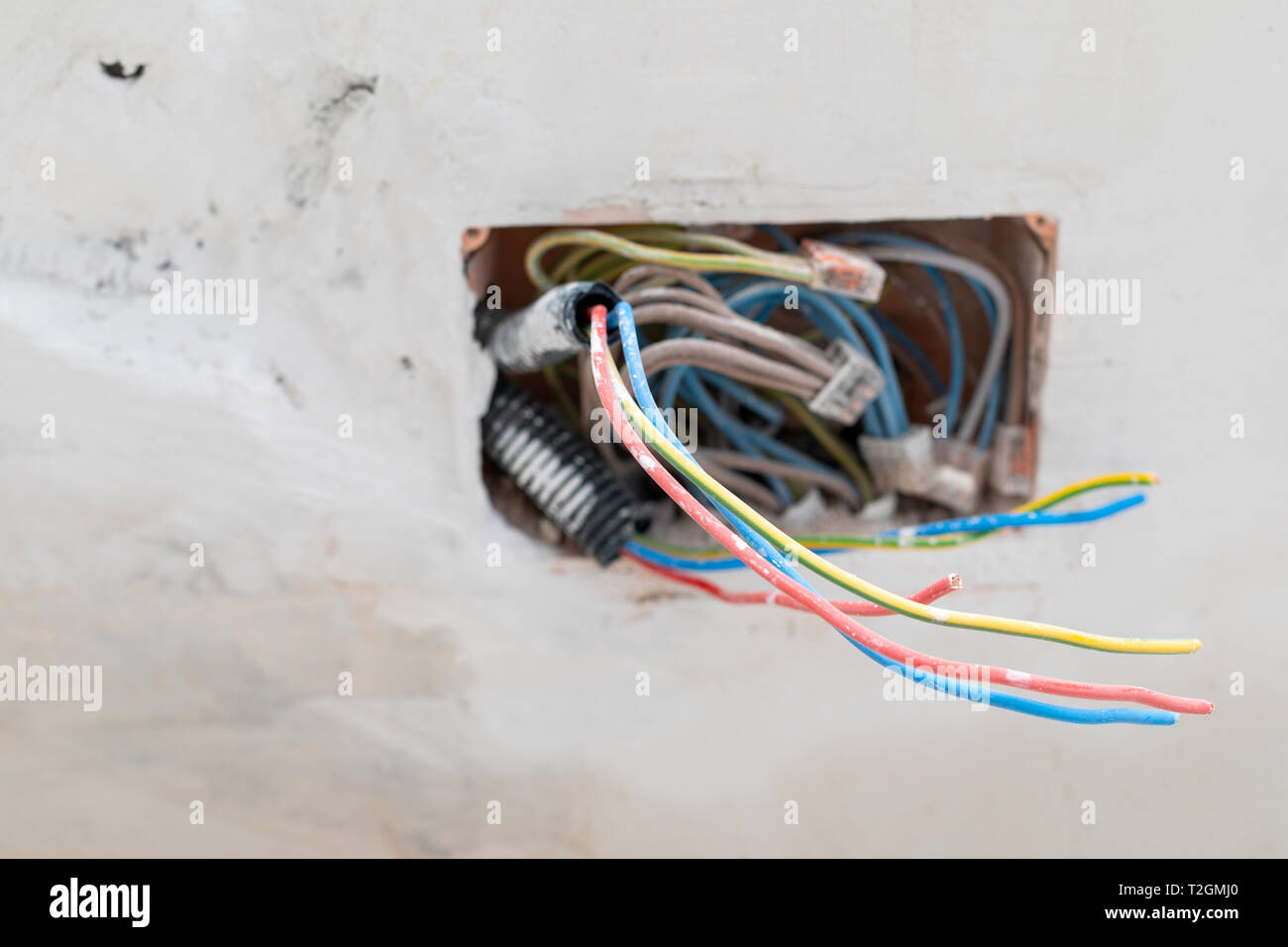Close up picture of electric wires and sockets on the wall. Renovation ...