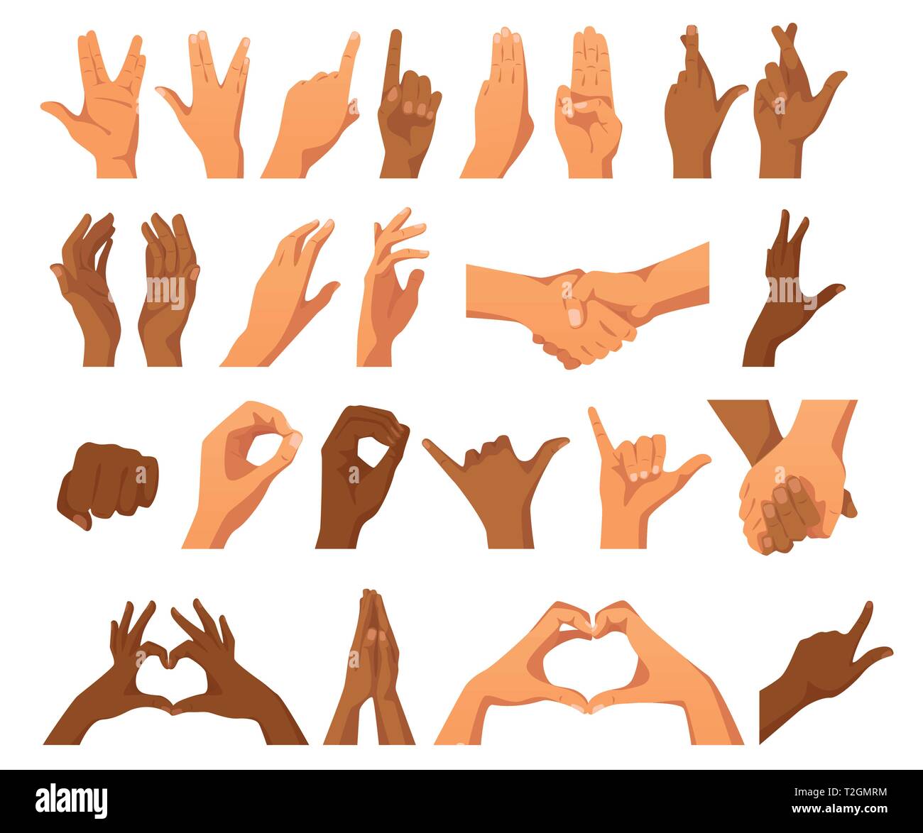 Vector flat style set of various hands gestures. Diversity race skin ...