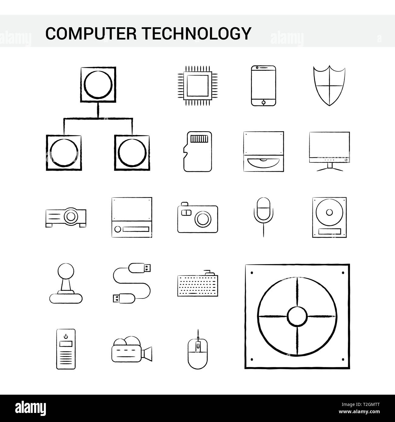 Computer Technology hand drawn Icon set style, isolated on white ...