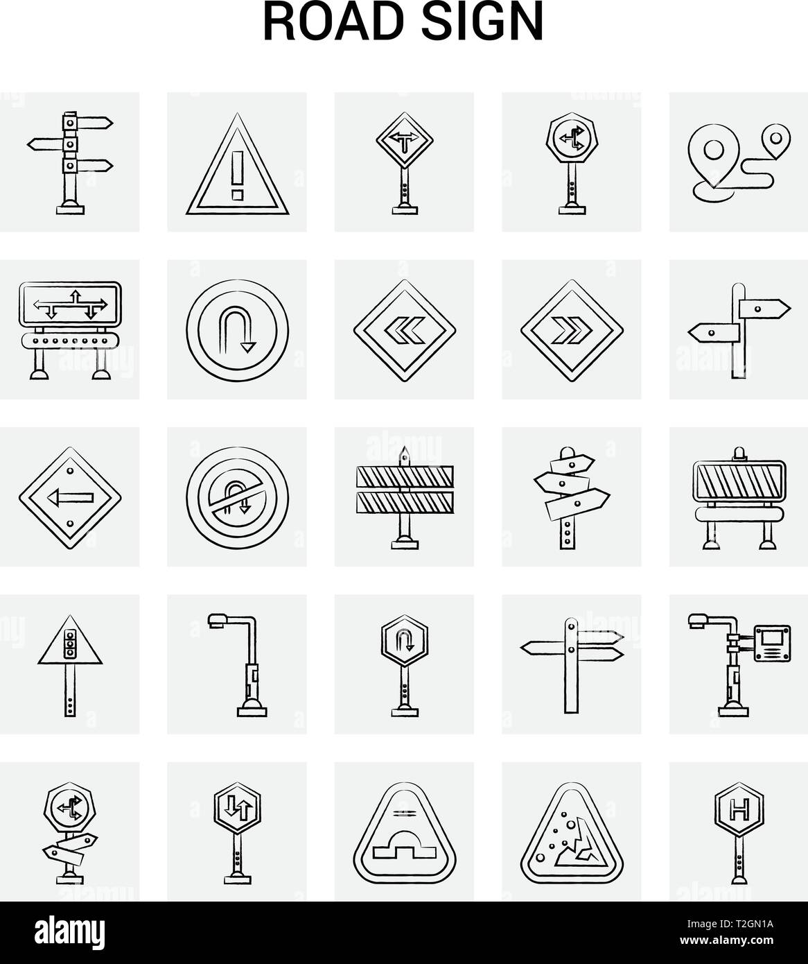 25 Hand Drawn Road Sign icon set. Gray Background Vector Doodle Stock ...