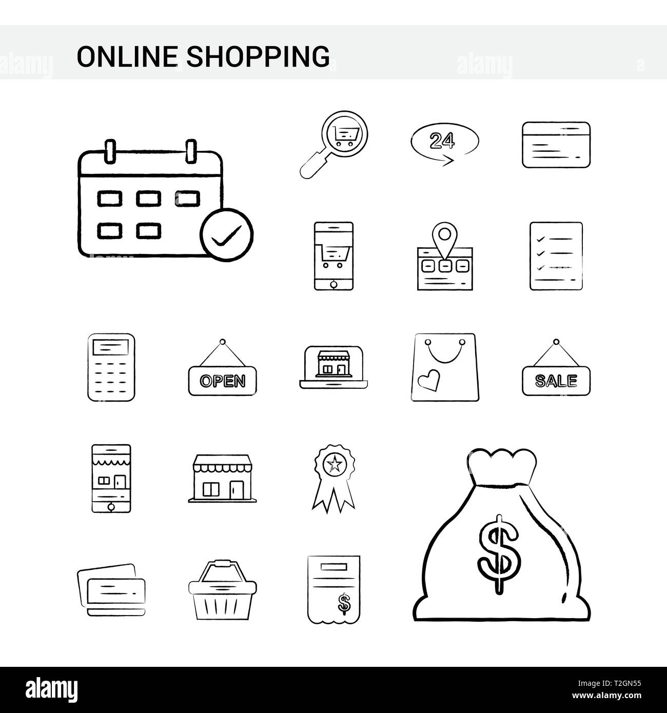 Online Shopping hand drawn Icon set style, isolated on white background ...