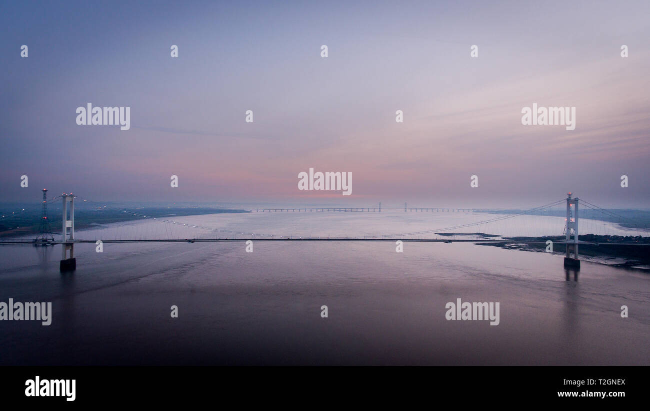 An aerial view of the Severn Bridge, First Severn Bridge, Linking Wales ...