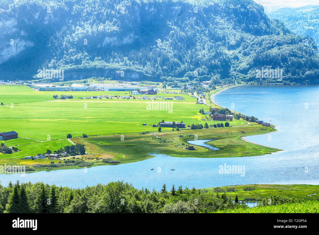 Aerial view of the river Gaula, Trondheim fjord, Gaulosen nature ...