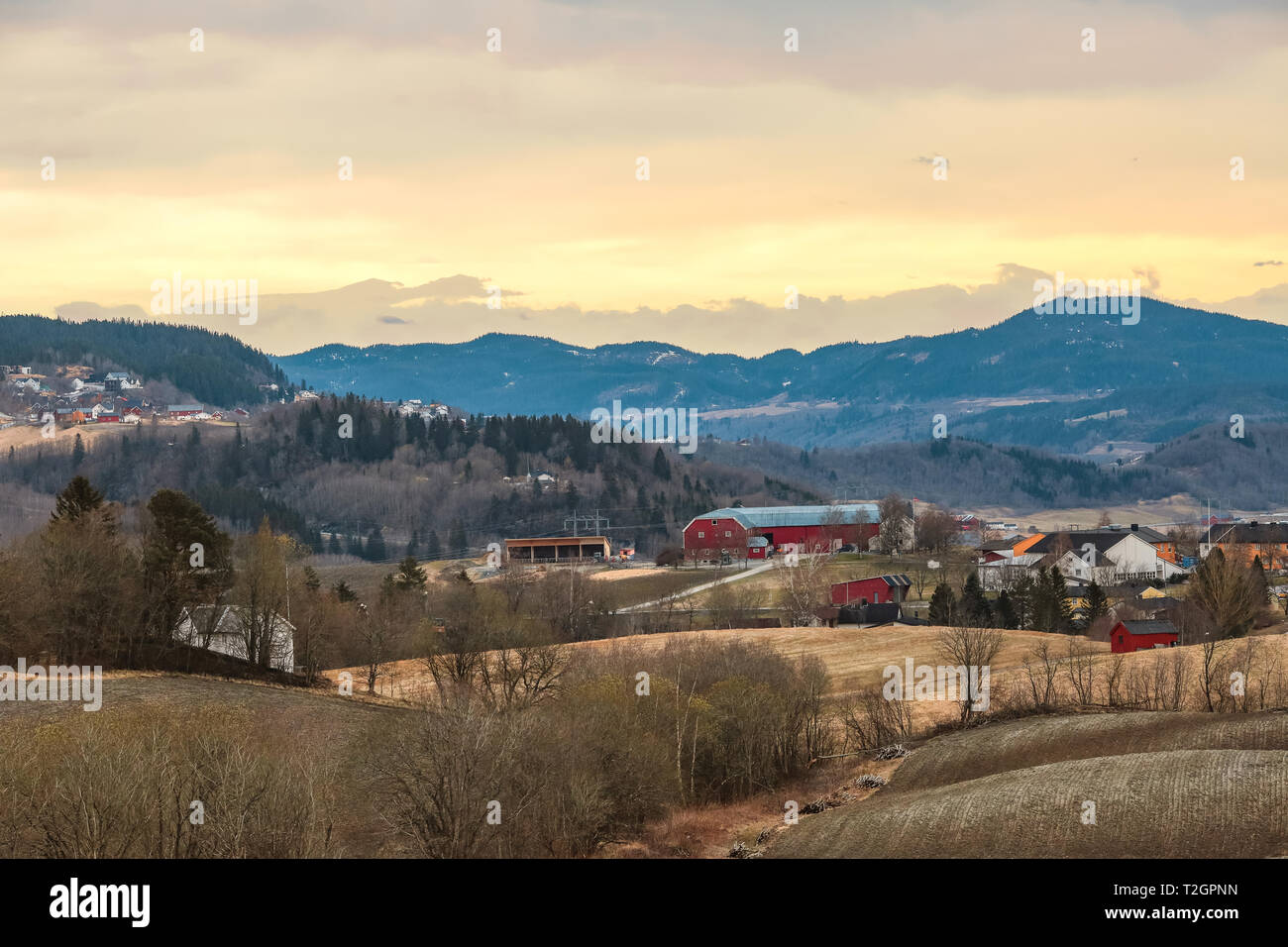 Beautiful colorful sunset in the country side near the Norwegian town ...
