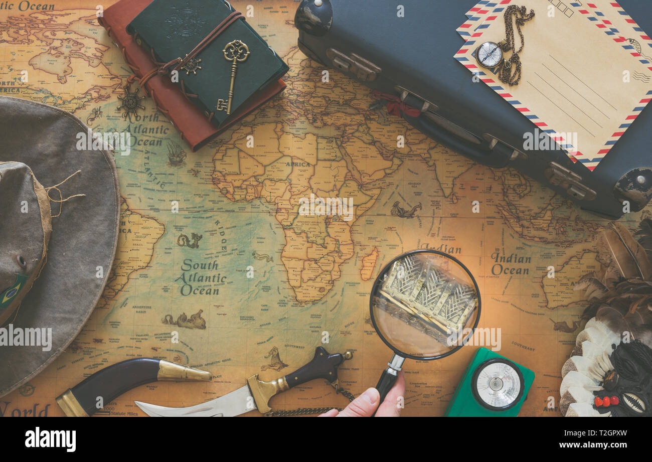 Old map, vintage travel equipment and souvenirs from the travel around ...