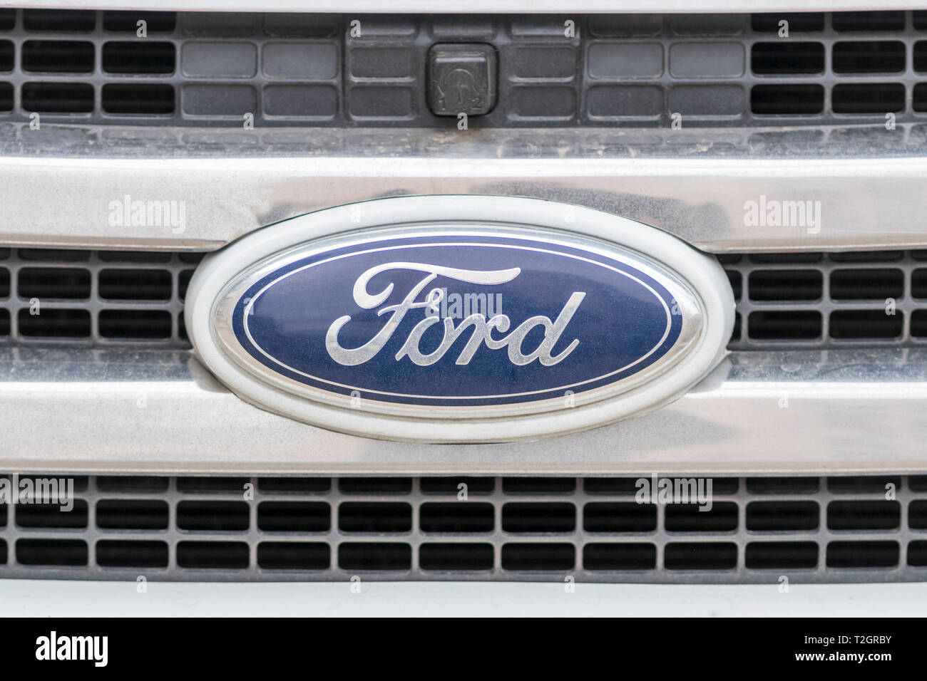 UKRAINE, KHARKOV - MARCH 20, 2019: Ford emblem on the front grill of ...