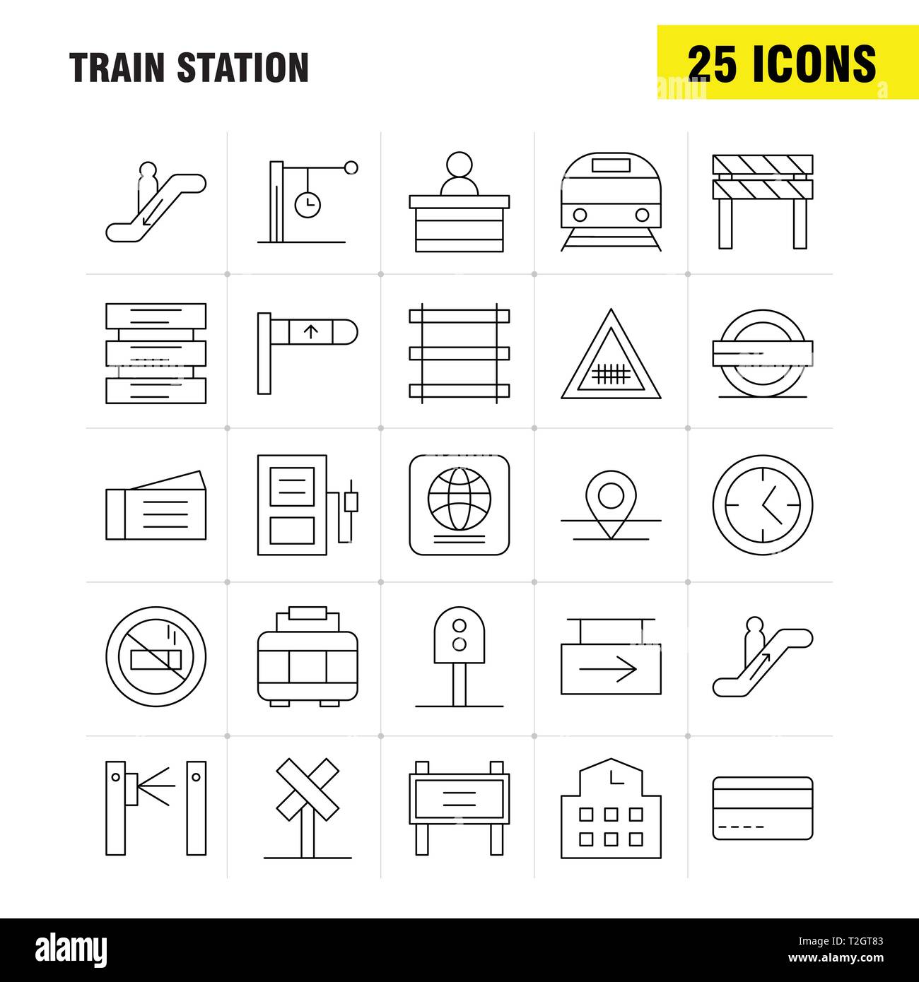 Train Station Line Icons Set For Infographics, Mobile UX/UI Kit And ...
