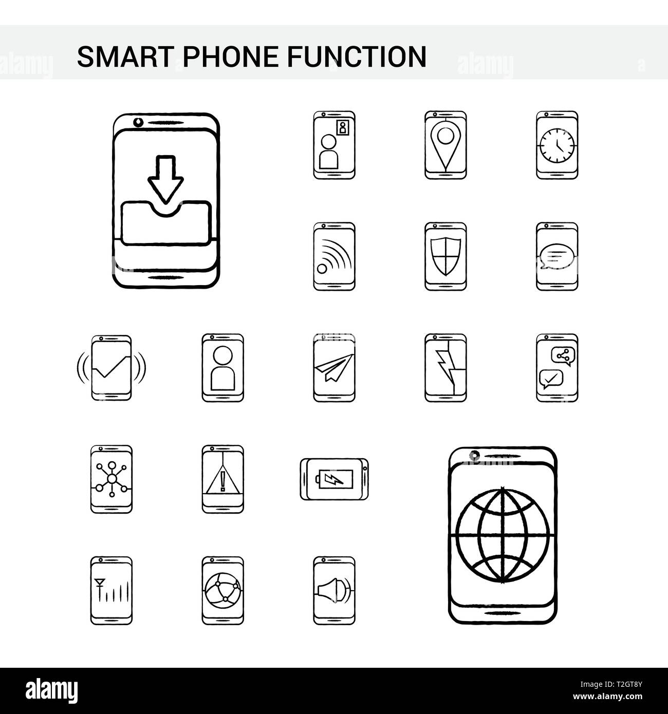 Smart phone functions hand drawn Icon set style, isolated on white ...