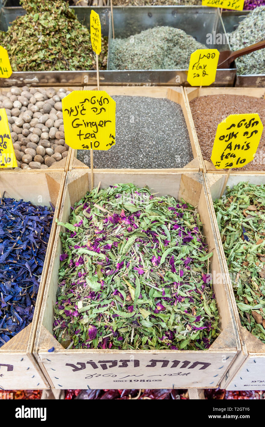 Israel, Tel Aviv-Yafo - 29 March 2019: Different types of tea sold in ...
