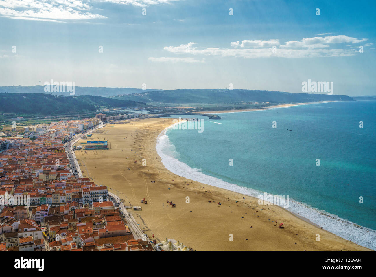 Aerial view of beach and village of Nazare in Portugal Stock Photo - Alamy