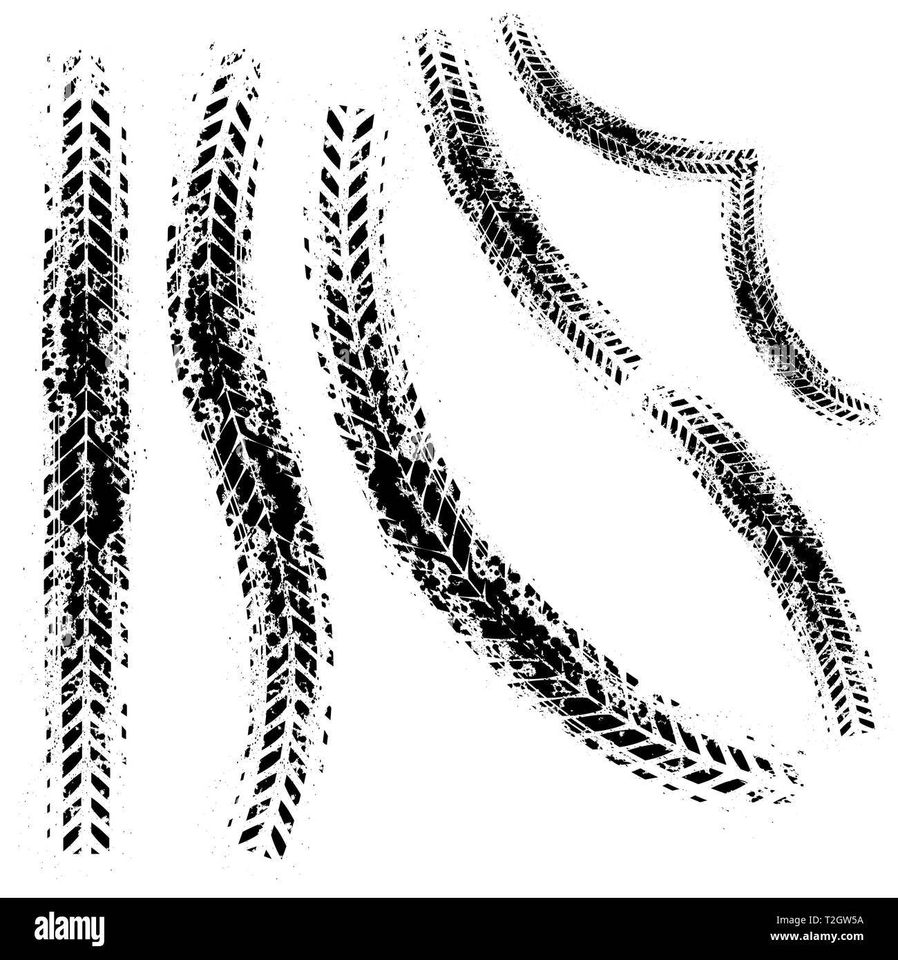 Grunge tire track path different forms isolated on white background ...