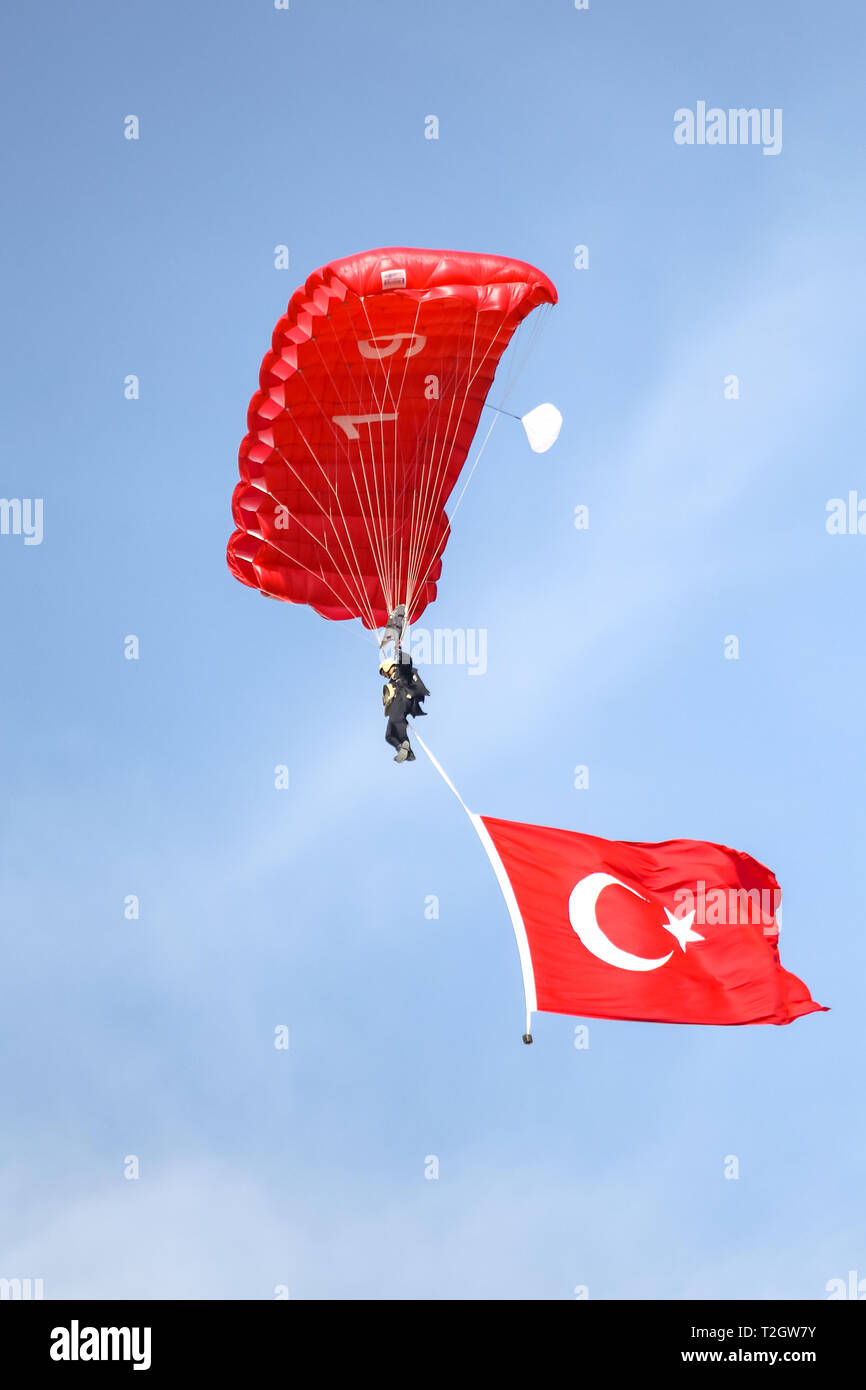 ISTANBUL, TURKEY - SEPTEMBER 23, 2018: Parachute aerobatics show during ...