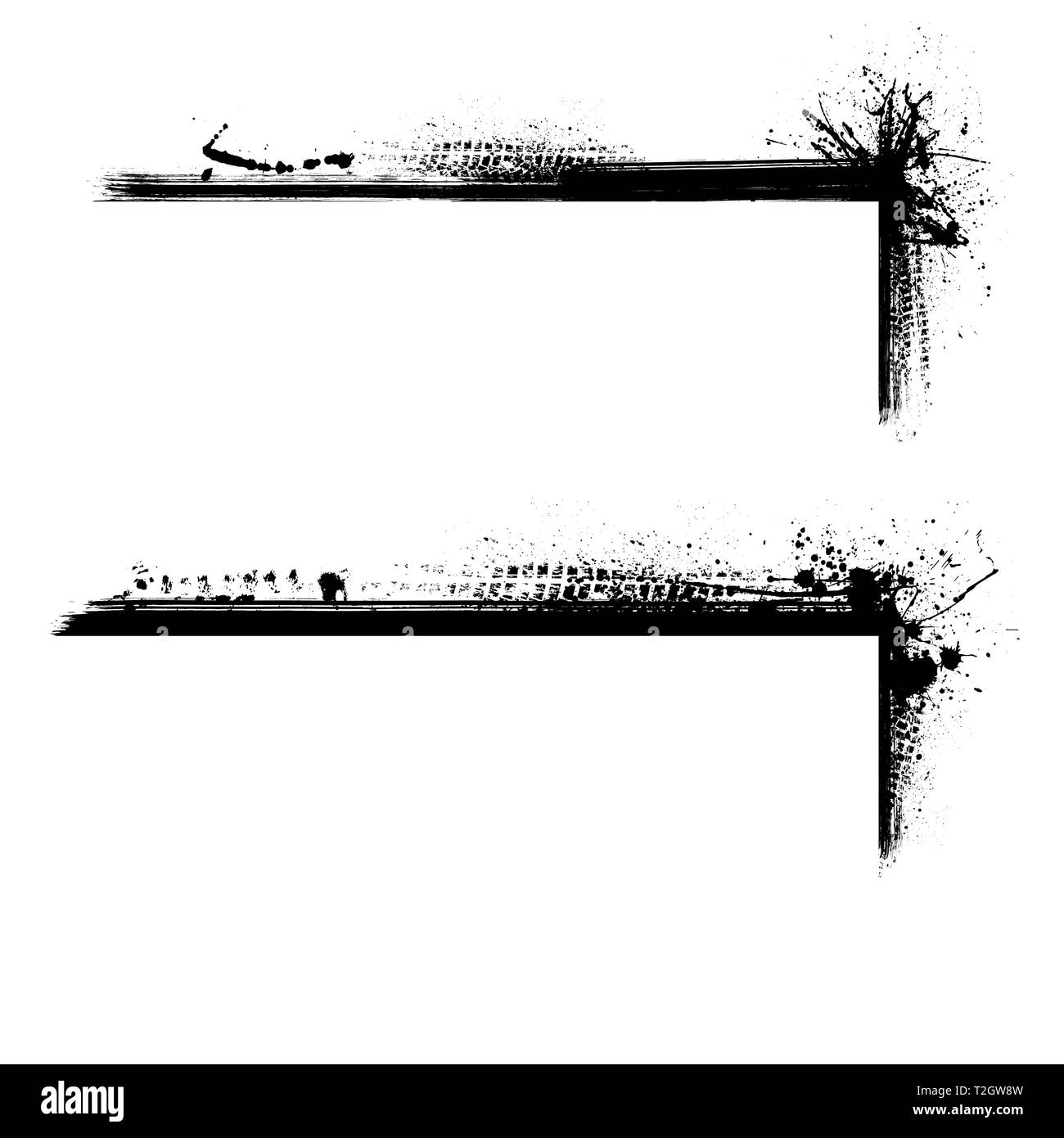 Set of two black grunge horizontal frames with tire tracks isolated on ...