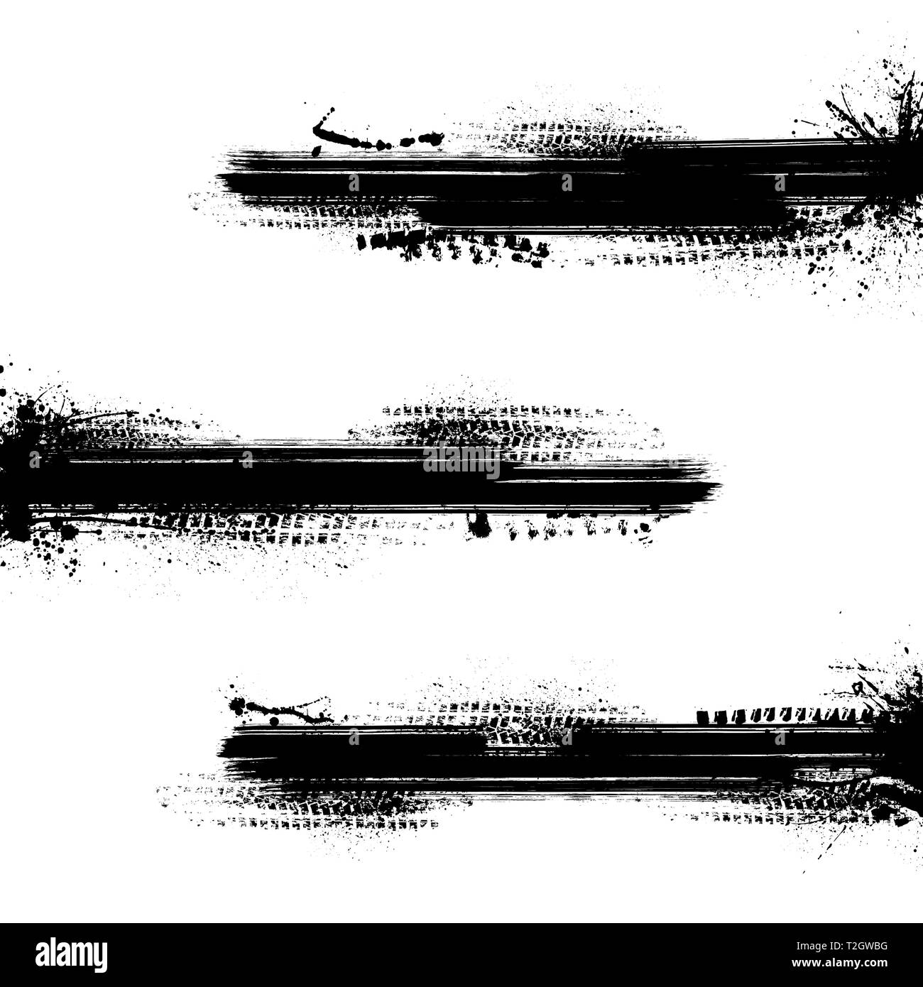Three tire track black grunge horizontal lines isolated on white ...