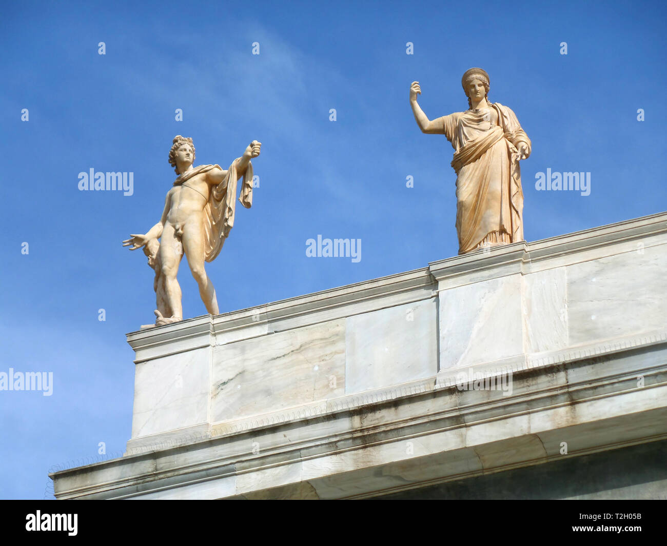 Marble Sculptures of Greek God and Goddess against Blue Sky, Historical ...