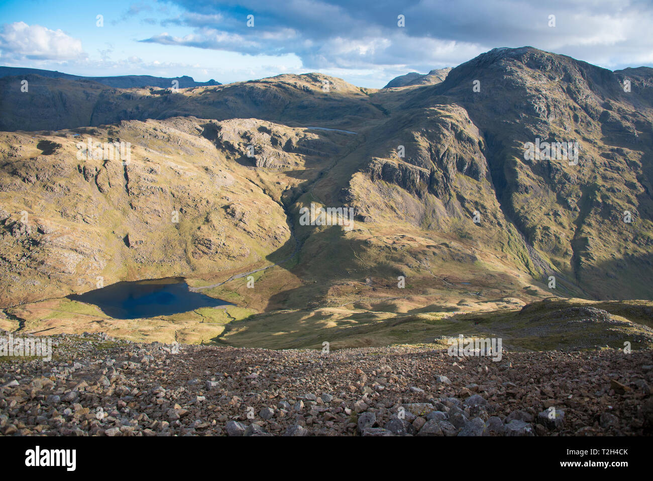 High view of Styhead Tarn located in the Lake District National Park in ...