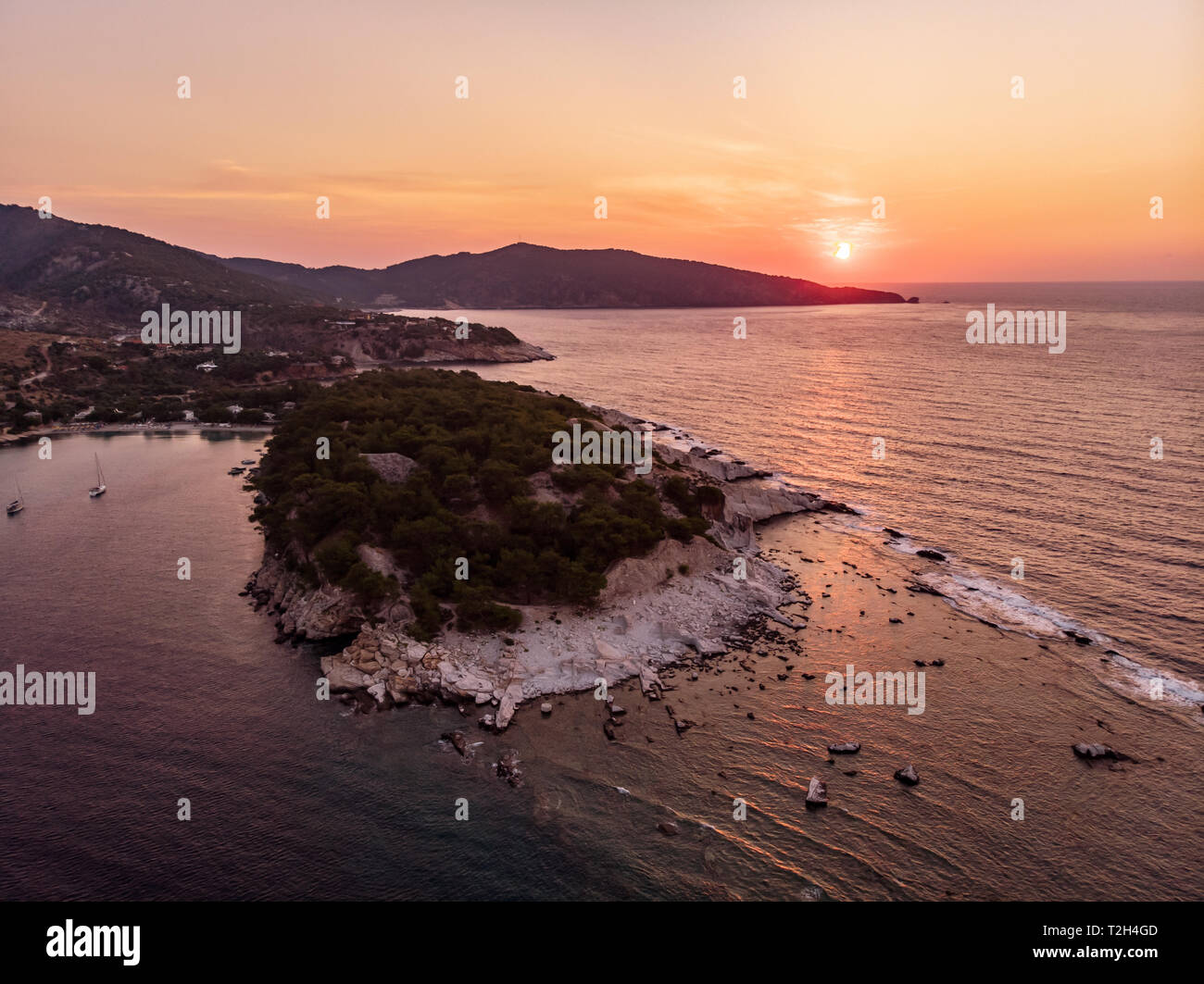 Sunrise aerial view of Aliki beach and ancient marble port Stock Photo ...