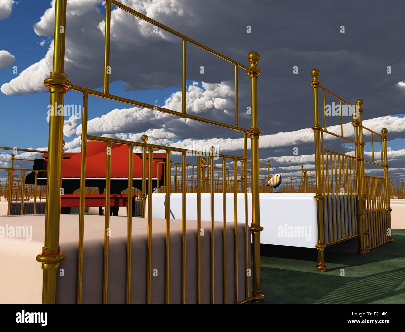 Surreal scene. Piano in field of endless beds Stock Photo - Alamy