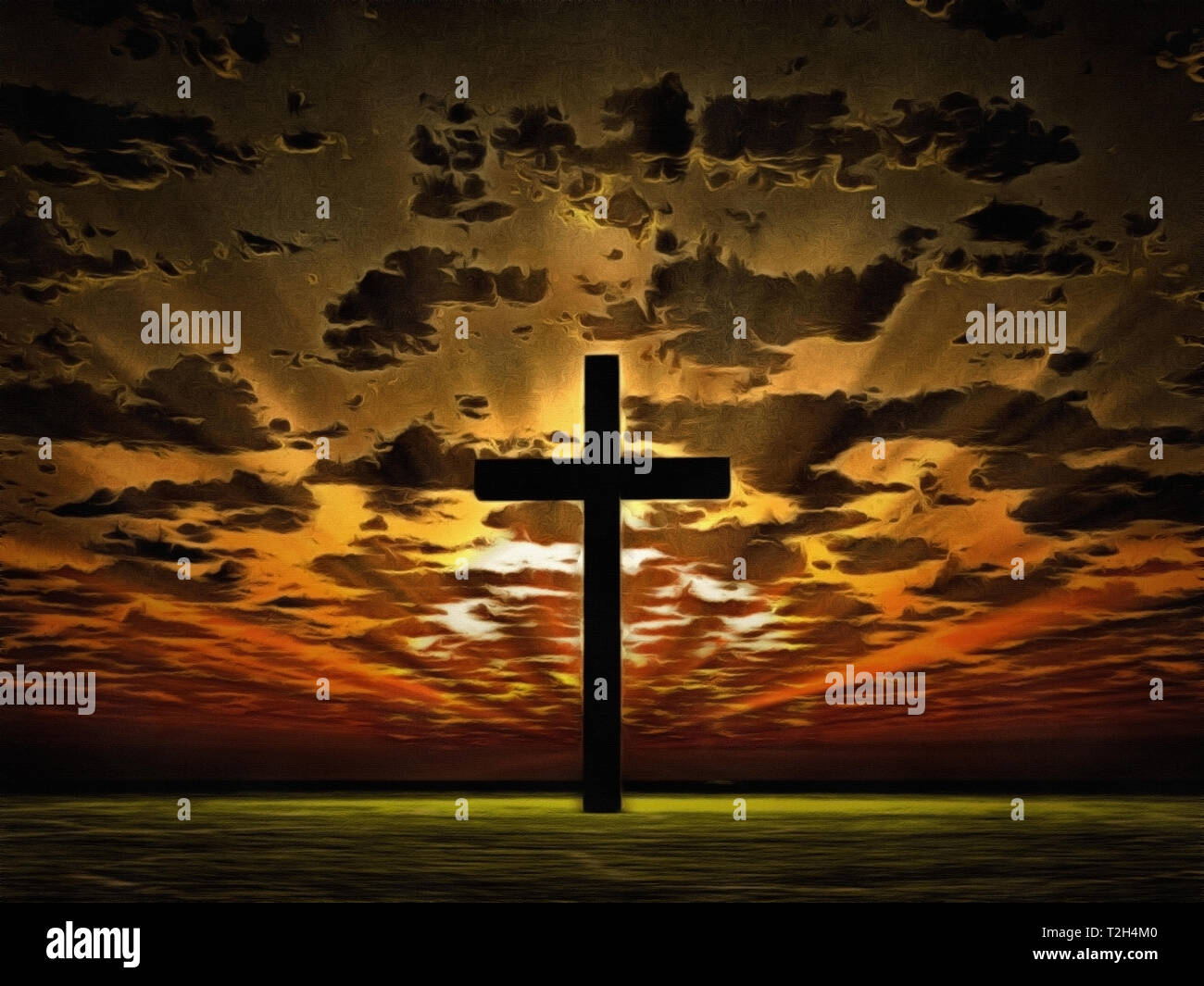Surrealism. Christian cross on a sunset or sunrise Stock Photo - Alamy