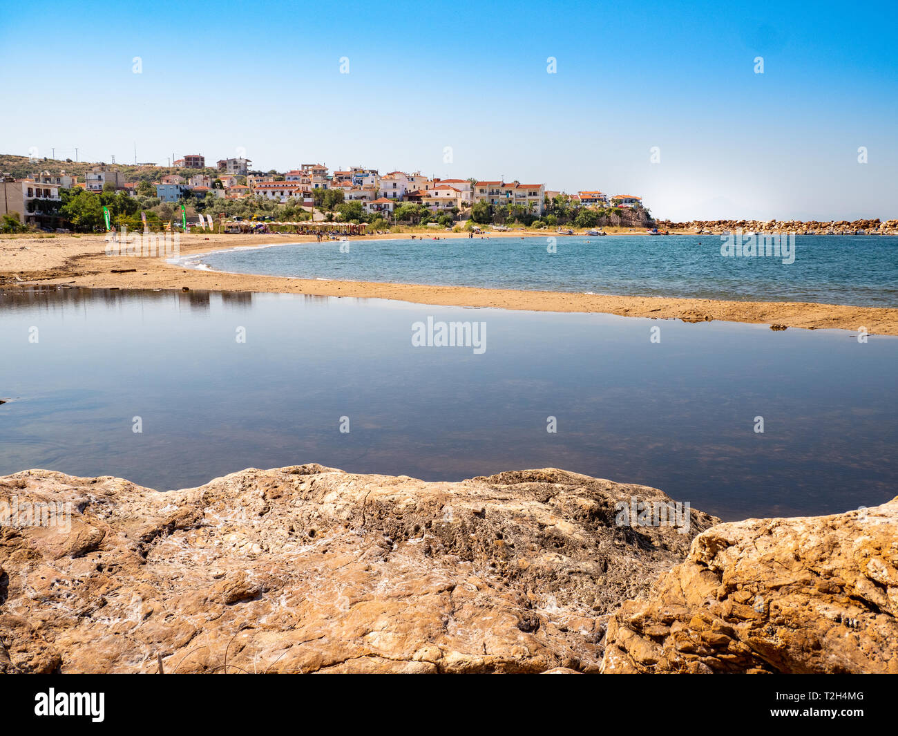 Platanes beach and Skala Marion traditional greek town in Thassos ...