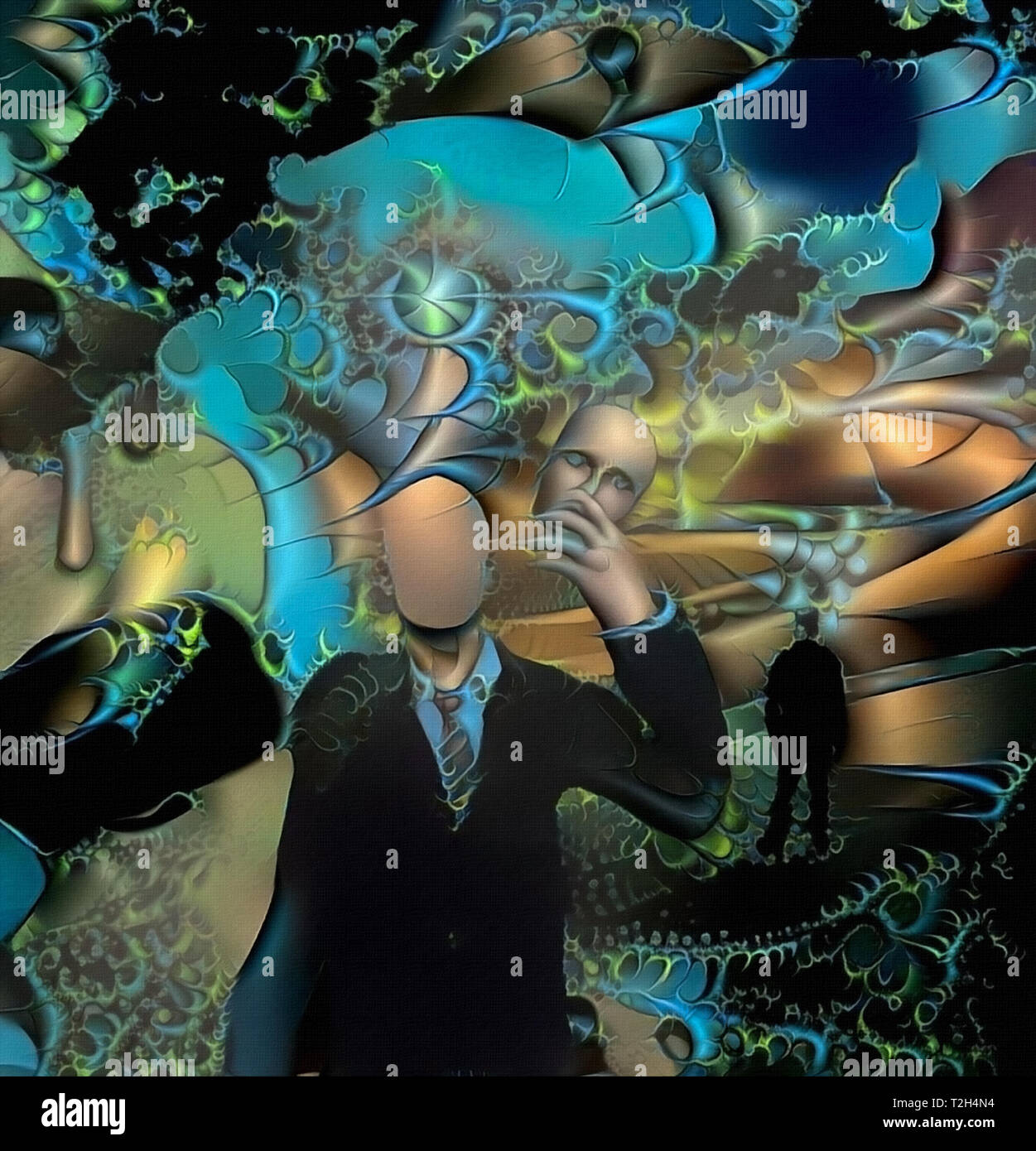 Surreal painting. Man in suit holds his face in hand Stock Photo - Alamy
