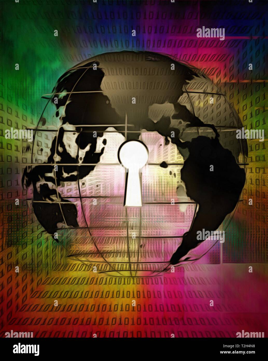 Globe with keyhole in tunnel of binary code Stock Photo - Alamy