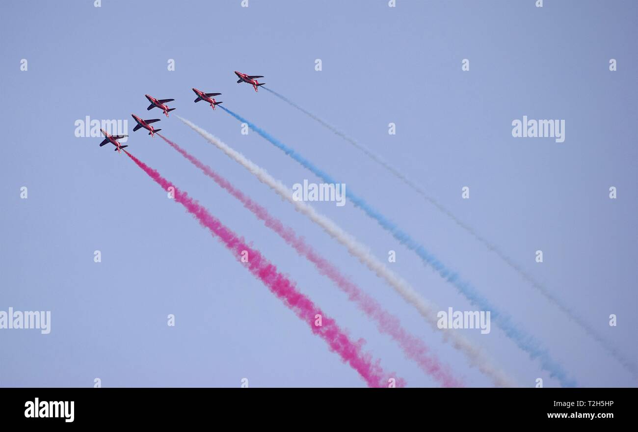 Red Arrows aerobatic display 170817 Stock Photo - Alamy