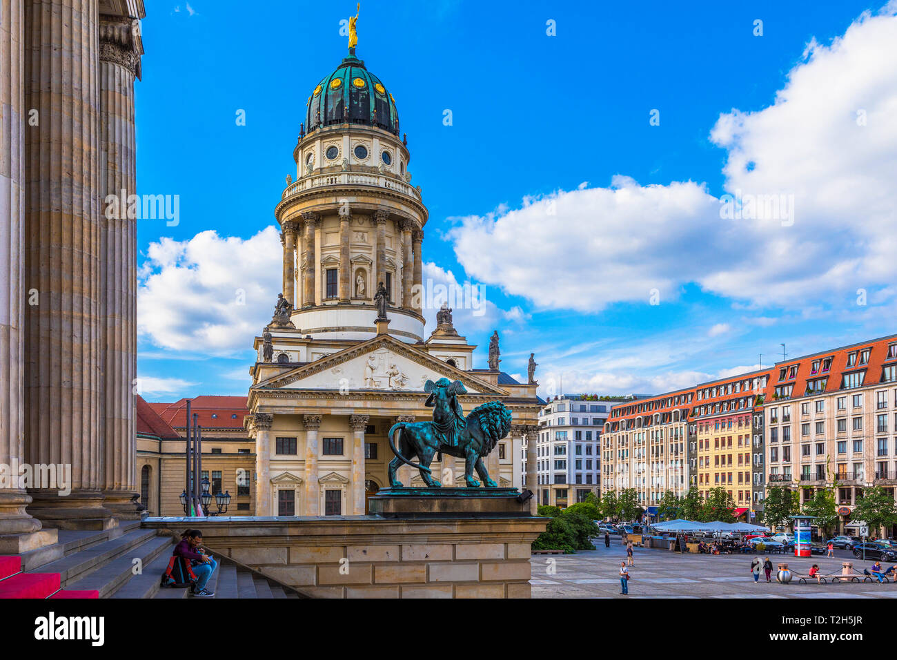 Statue in front of French Cathedral on Gendarmenmarkt square, Berlin ...