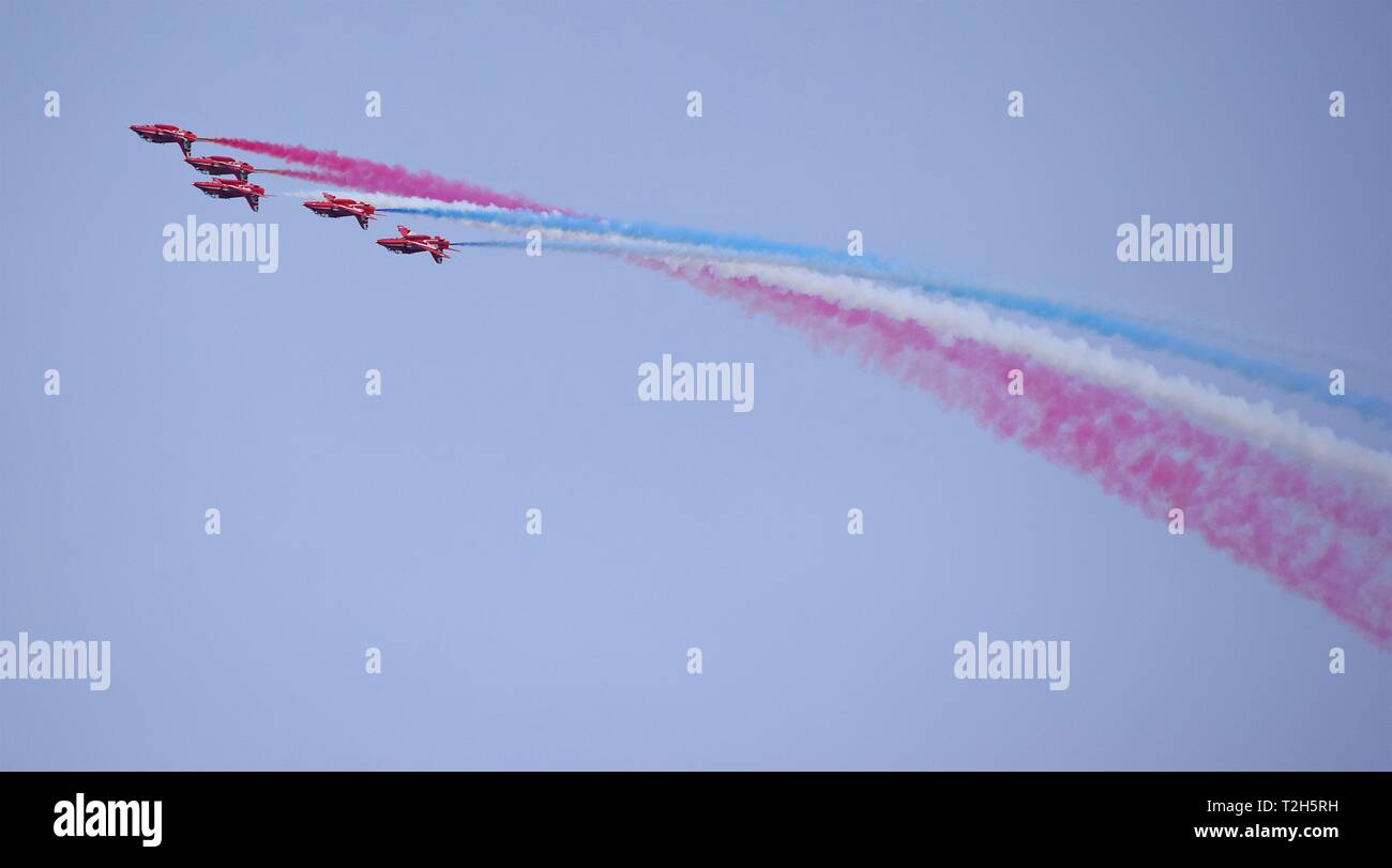 Red Arrows aerobatic display 170817 Stock Photo - Alamy