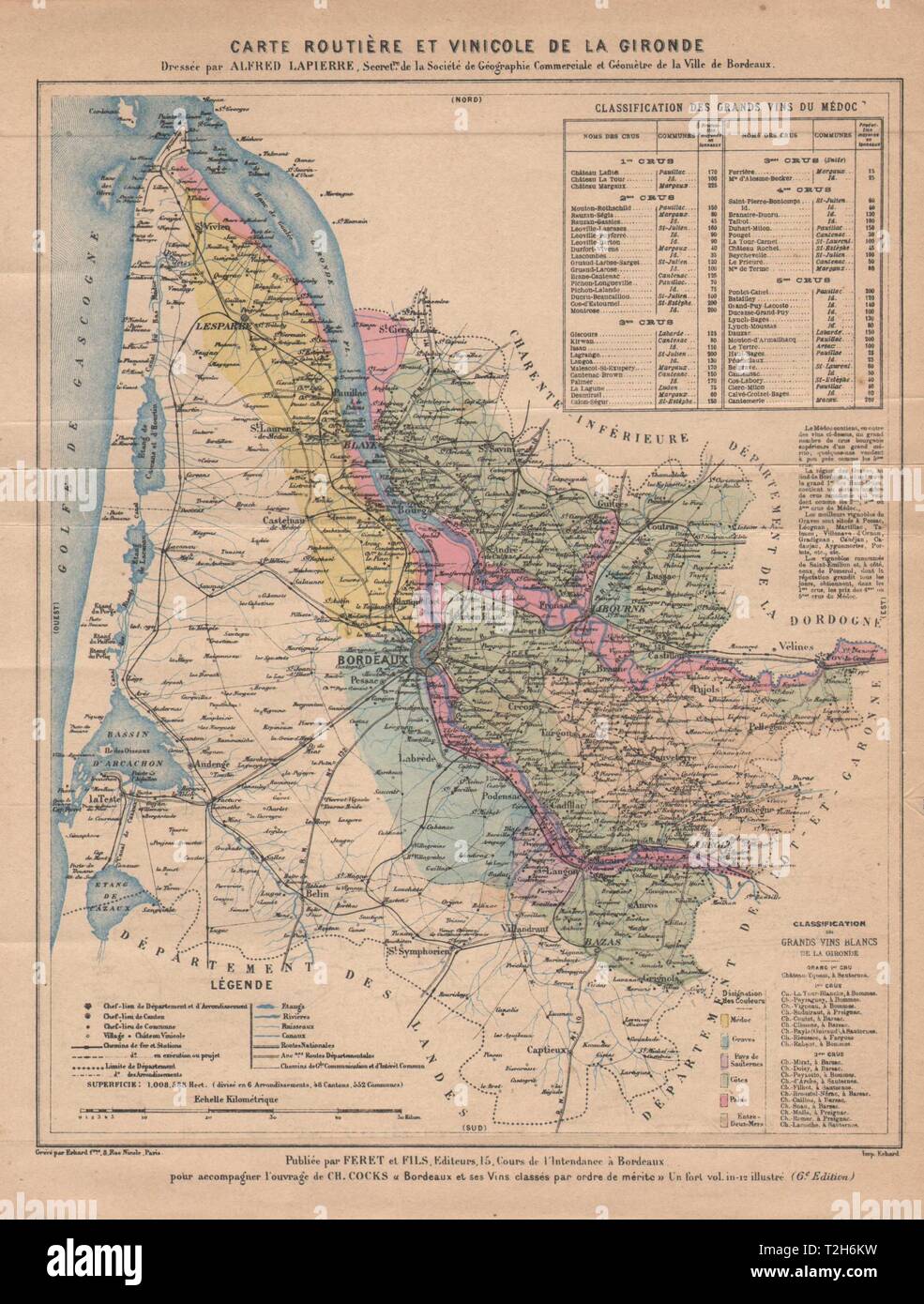 Carte Routière et Vinicole de la Gironde. Bordeaux wine. COCKS & FERET ...