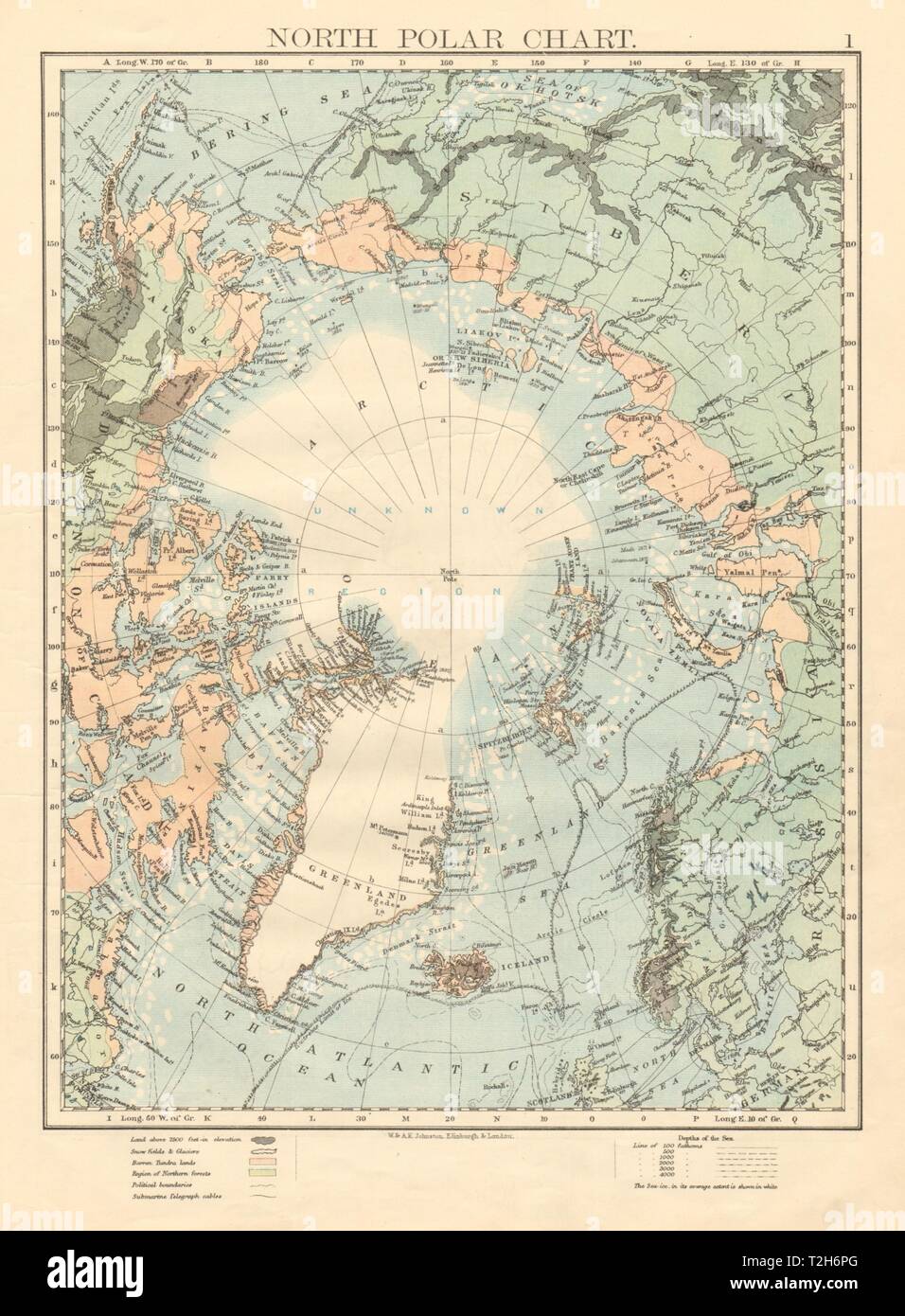 NORTH POLAR CHART Explorers positions Greely 1882 JOHNSTON 1892 old map ...