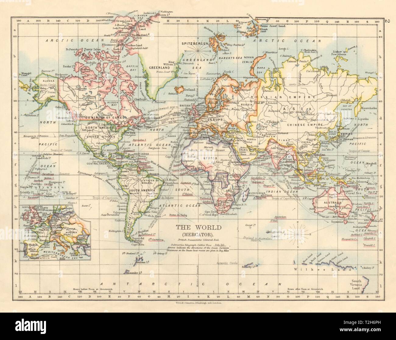 BRITISH EMPIRE World Mercator Currents Steamship routes JOHNSTON 1892 ...