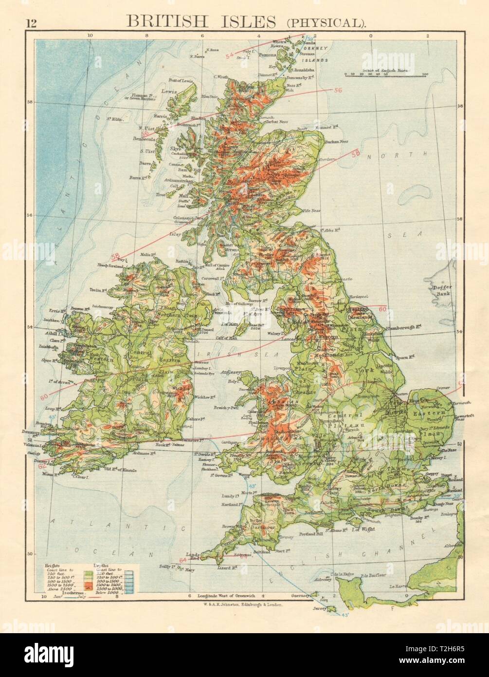 BRITISH ISLES RELIEF Showing isotherms in January & July JOHNSTON 1892 ...