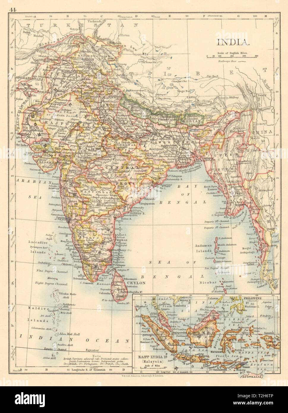 BRITISH INDIA Showing states Burma Nepal Bhutan Ceylon JOHNSTON 1892 ...