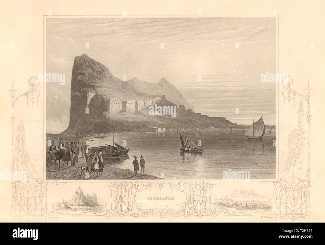 View of the Rock and Fortifications of Gibraltar 1860 old antique print ...