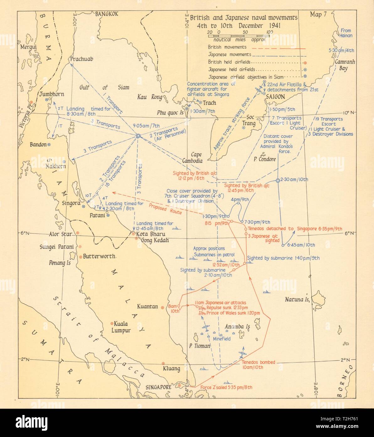Naval Battle of Malaya 4-10 December 1941. British & Japanese movements ...