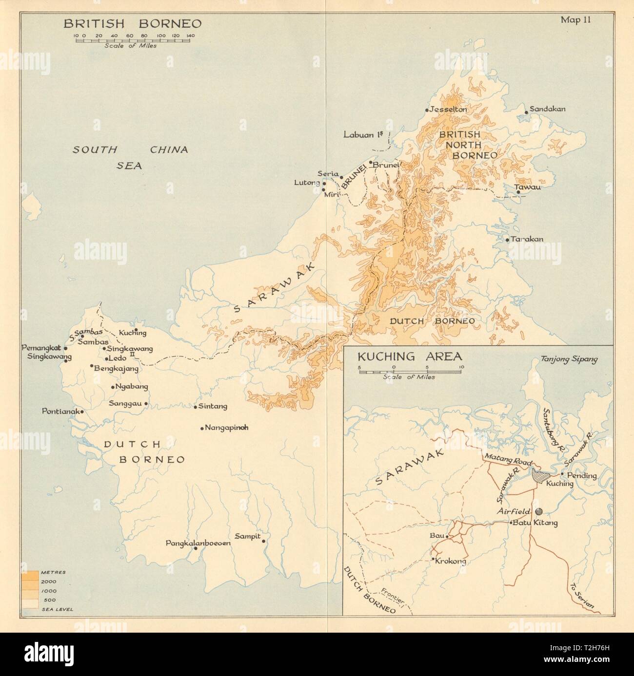 British Borneo 1941. Sarawak Brunei. Kuching area 1957 old vintage map ...