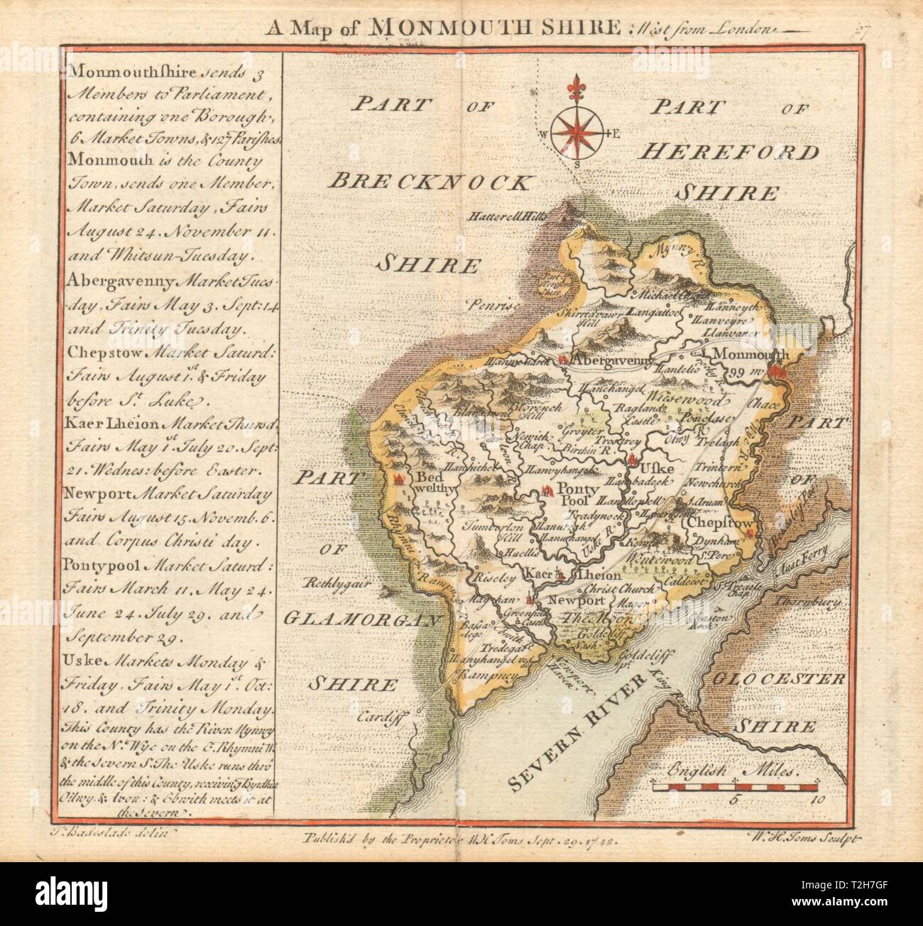 Antique county map of Monmouthshire by Badeslade & Toms. Coloured 1745 ...