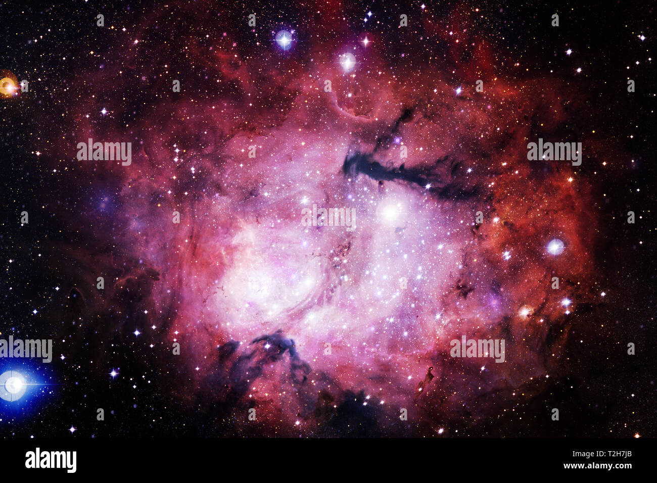Universe scene with bright stars and galaxies in deep space showing the ...